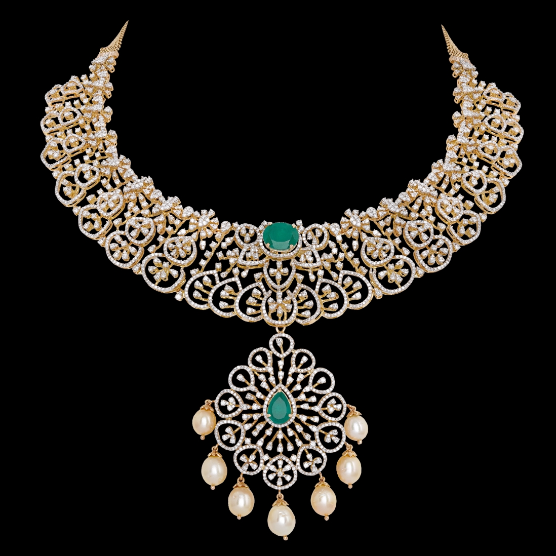 Designer Floral Pattern Diamond Necklace with Pear-Cut Emerald